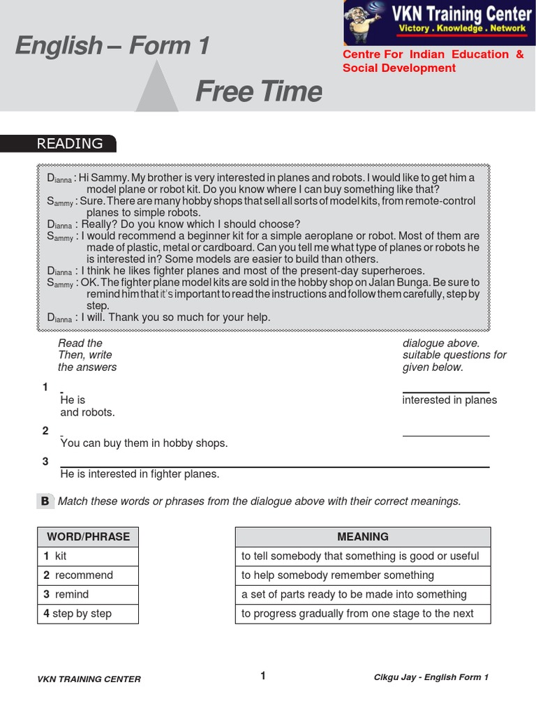 English Form 1 - Worksheet | PDF | English Language | Question