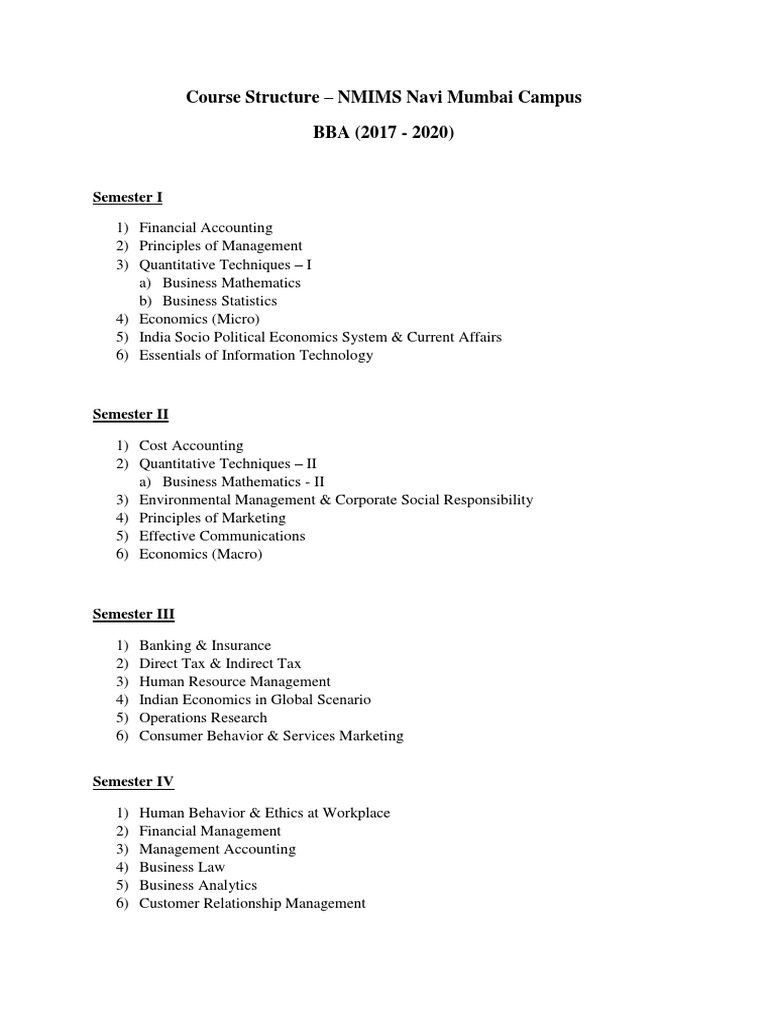 Course Structure - NMIMS Navi Mumbai Campus BBA (2017 - 2020) | PDF