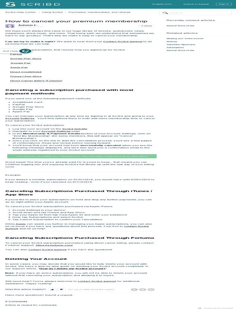 How To Cancel Your Premium Membership - Scribd Help Center | PDF | Scribd | World Wide Web