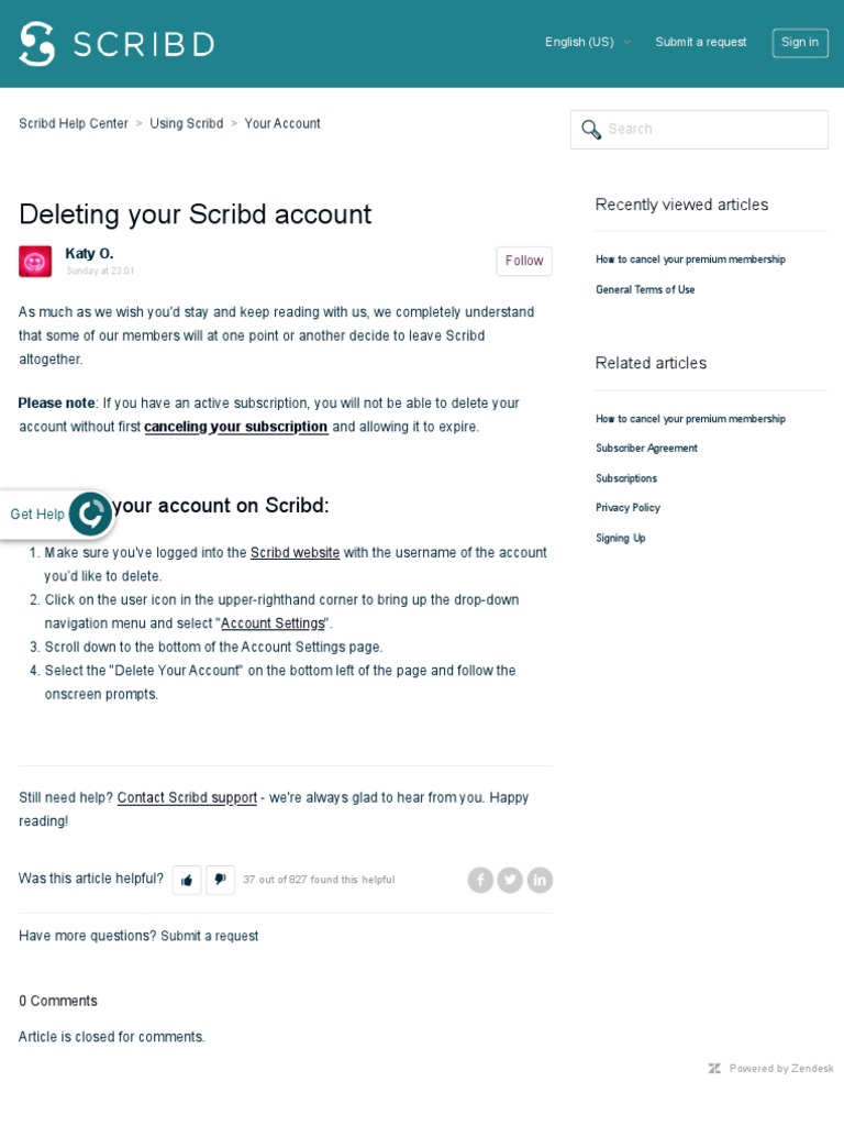 Deleting Your Scribd Account - Scribd Help Center | PDF | Scribd | Subscription Business Model