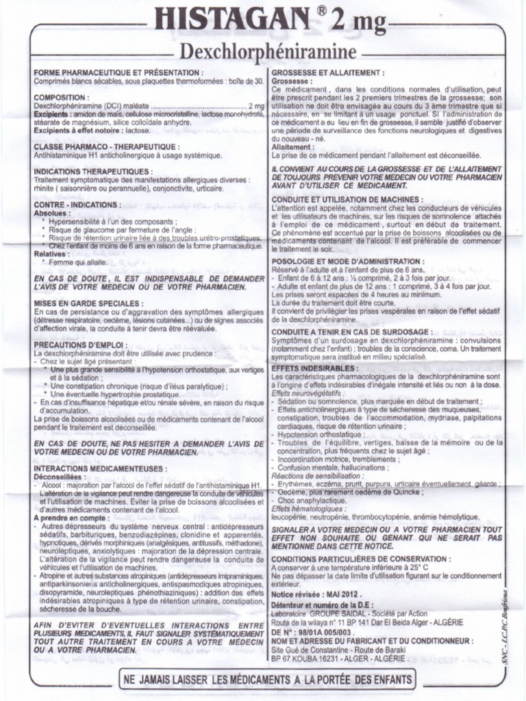 Notice Histagan 2mg Comp. Sec. B 30 | PDF | Médicaments | Médecine clinique