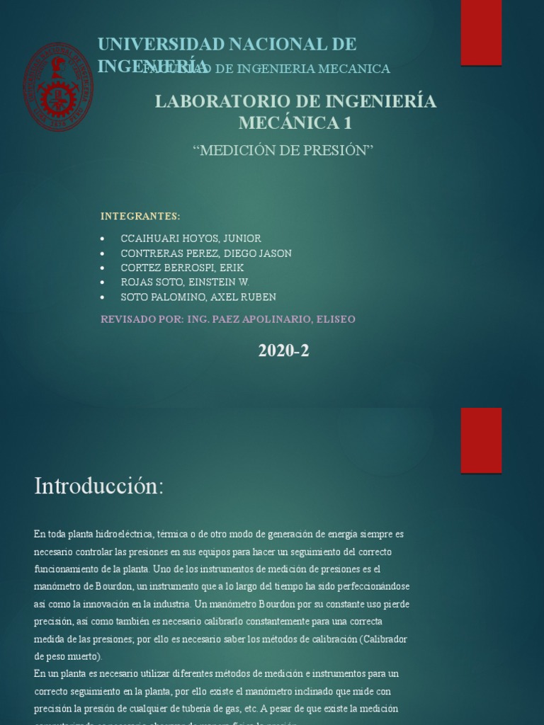 Labo Ing. Mec 1 PPT 1.0 | PDF | Medida de presión | Presión