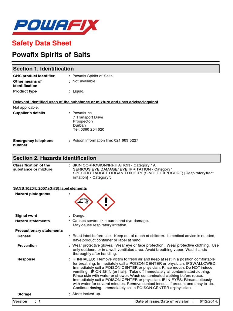 Safety Data Sheet: Powafix Spirits of Salts | PDF | Dangerous Goods | Toxicity