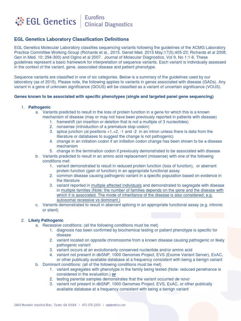 EGL Genetics Variant Classification Guide | PDF | Genetic Code | Gene