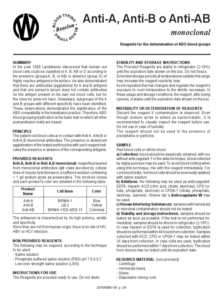 Anti-A, Anti-B o Anti-AB: Monoclonal | PDF | Blood Type | Hematology
