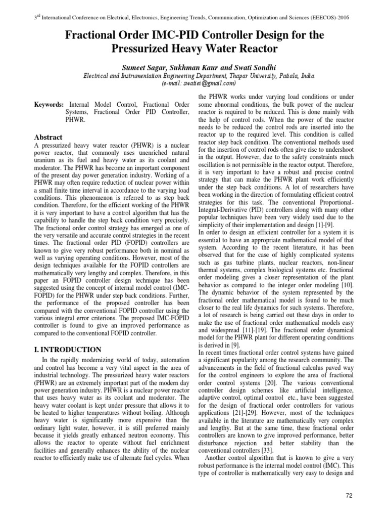 Fractional Order IMC-PID Controller Design For The Pressurized Heavy Water Reactor | PDF ...