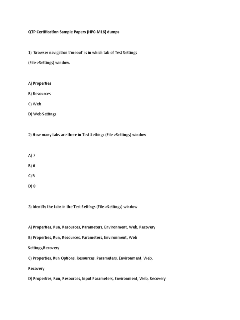 QTP Certification Sample Papers (HP0-M16) Dumps | PDF | Encryption | Software