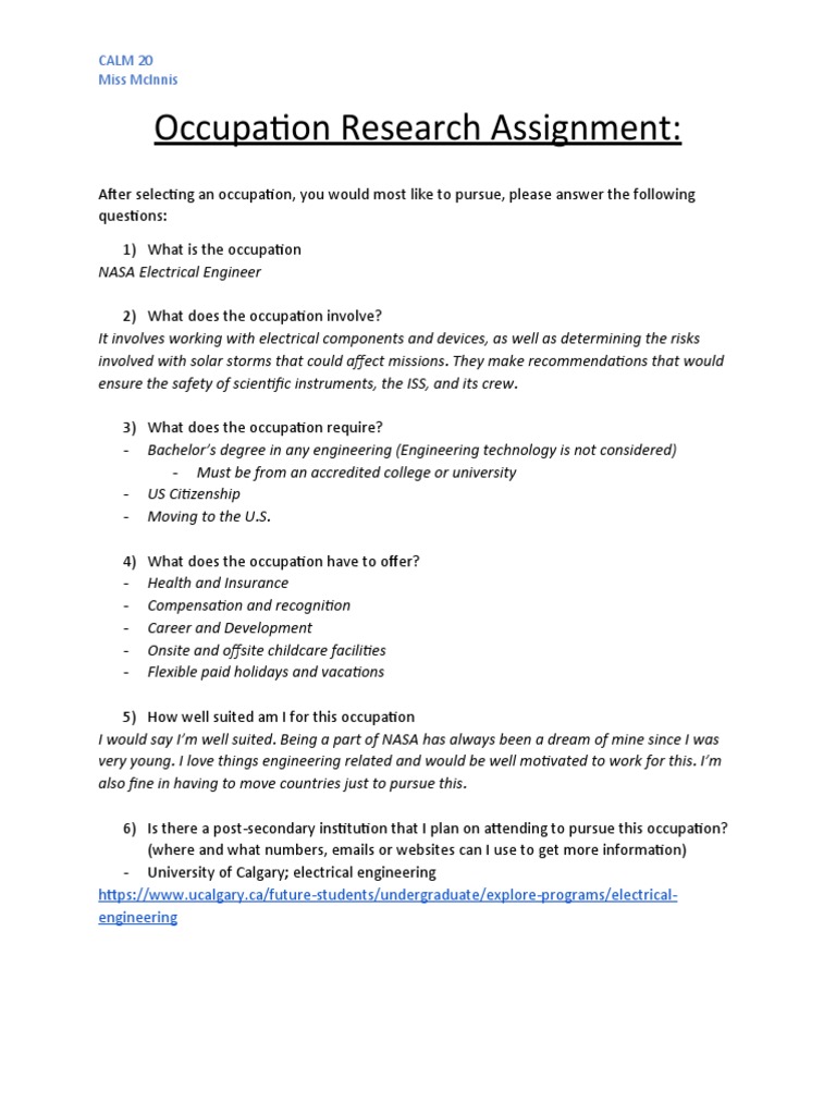 Occupation Research Assignment | PDF | Nasa | Engineering