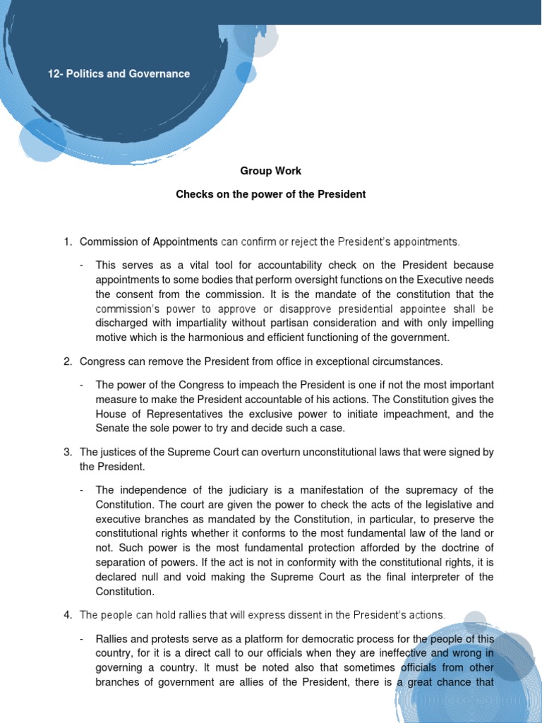 Checks on Presidential Power in Governance | PDF | Presidents Of The ...