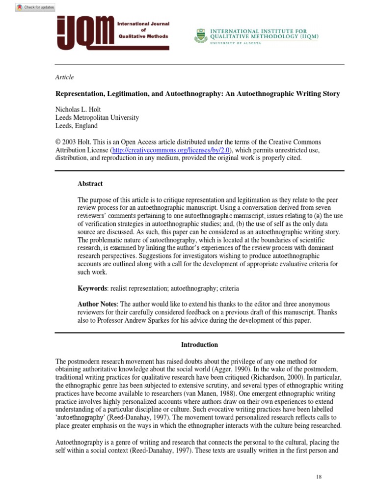 Representation, Legitimation, and Autoethnography: An Autoethnographic ...