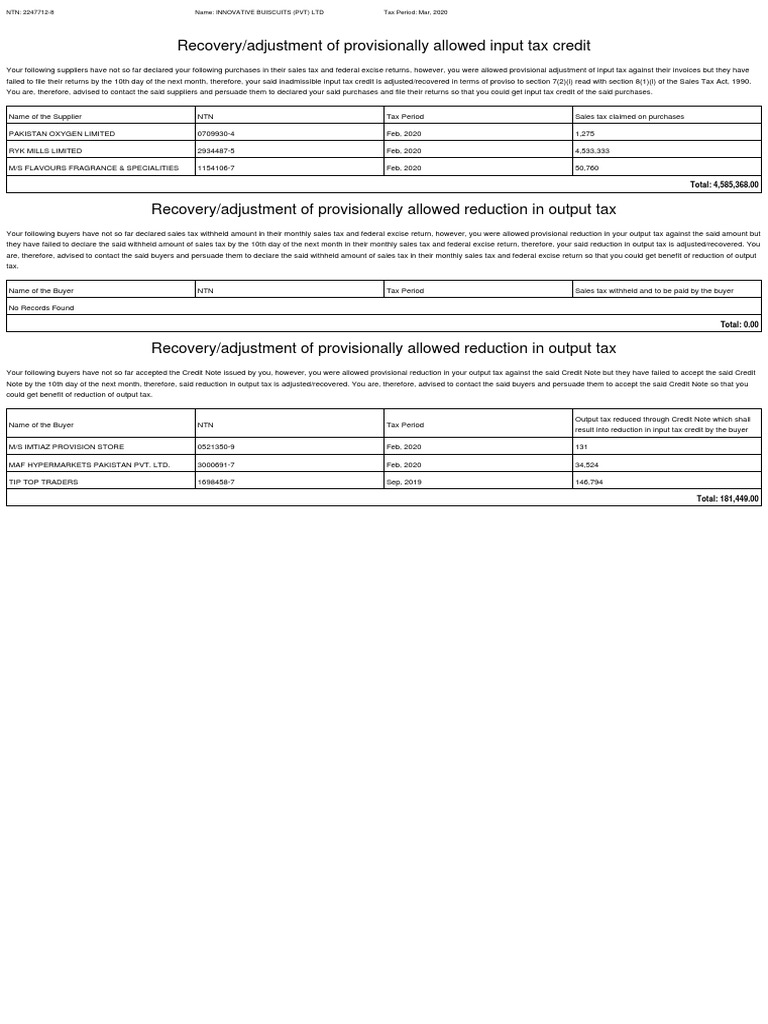 Recovery/adjustment of Provisionally Allowed Input Tax Credit | PDF ...
