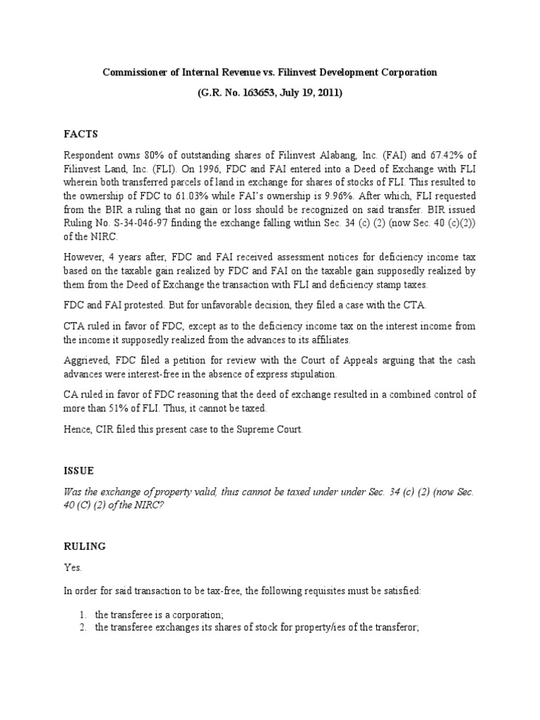 CIR Vs Filinvest Development Corporation | PDF | Ownership | Taxation ...