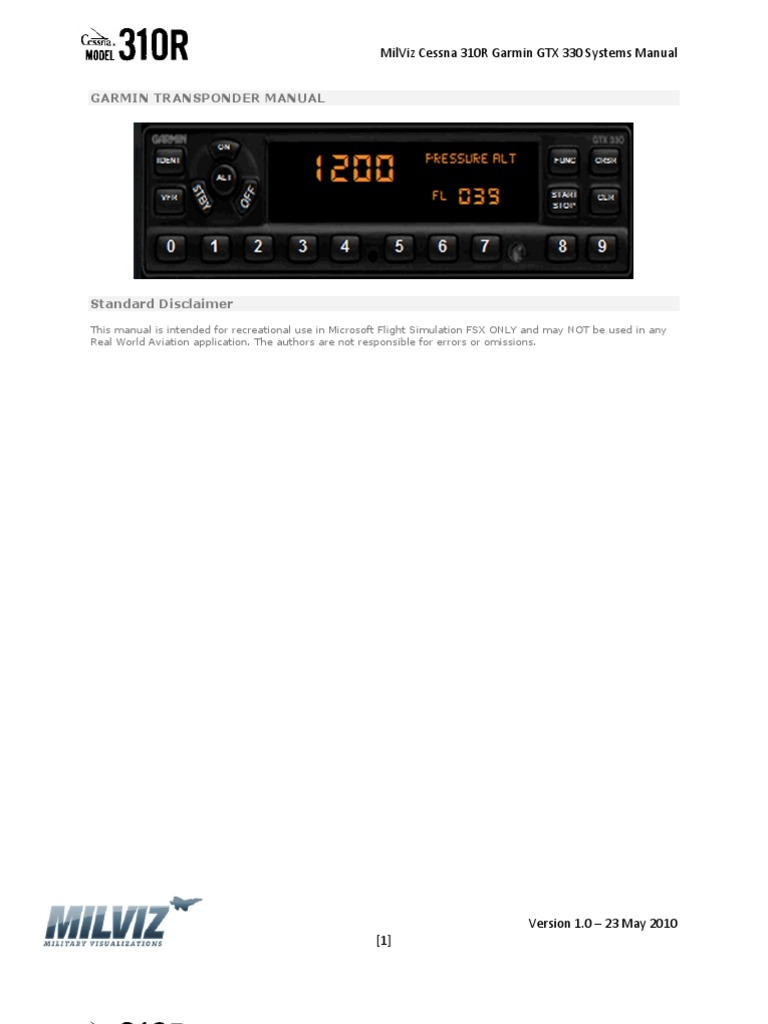 Garmin GTX 330 Manual | PDF | Transponder (Aeronautics) | Aviation Safety