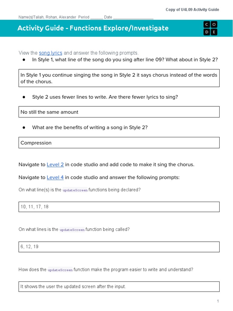 Activity Guide - Functions Explore/Investigate: Song Lyrics | PDF ...
