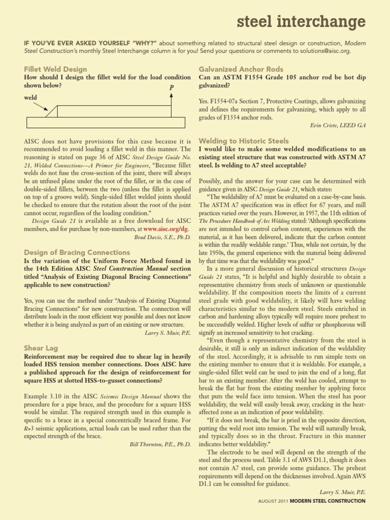 Steel Interchange: Fillet Weld Design Galvanized Anchor Rods | PDF ...