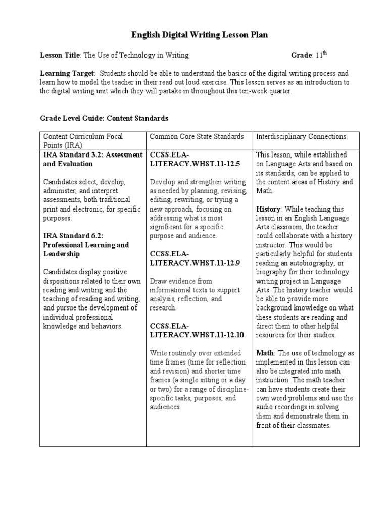 Edu 305 Digital Writing Lesson Plan | PDF | Lesson Plan | Teachers