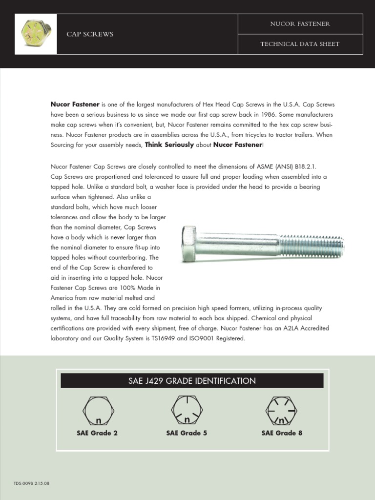 Cap Screws: Sae J429 Grade Identification | PDF | Screw | Strength Of ...