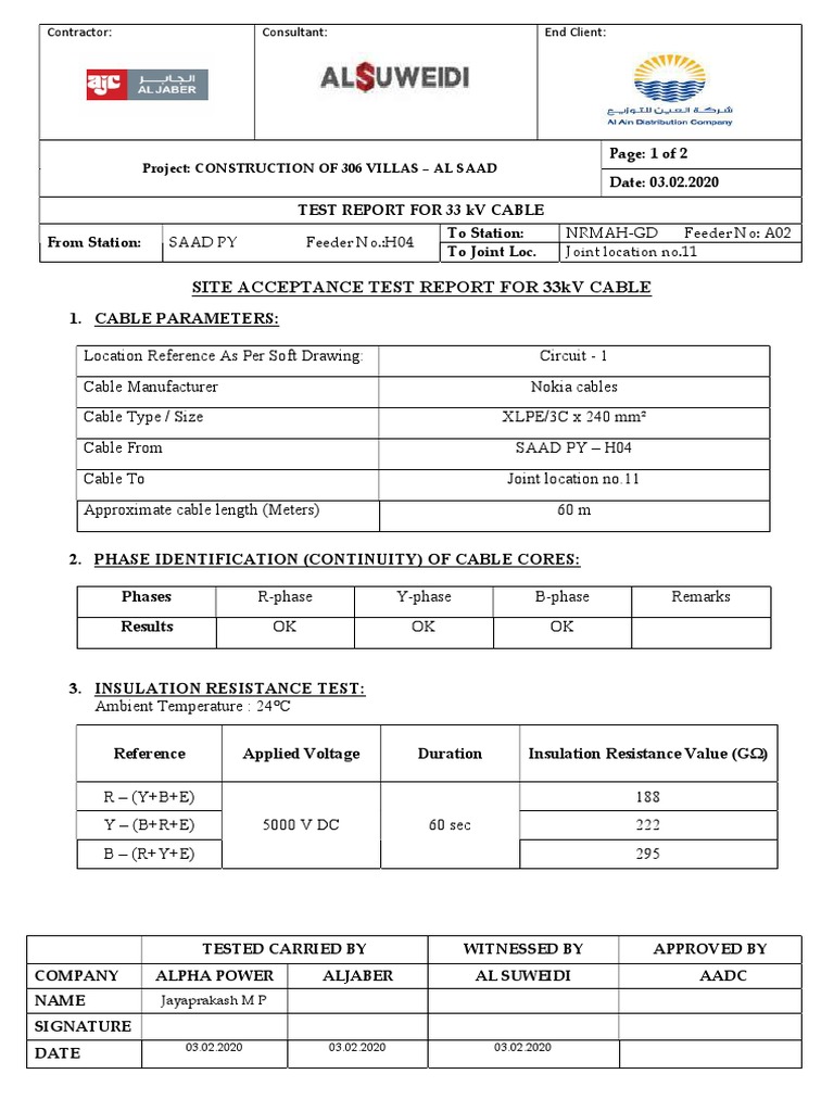 Site Acceptance Test Report For 33Kv Cable: Contractor: Consultant: End ...