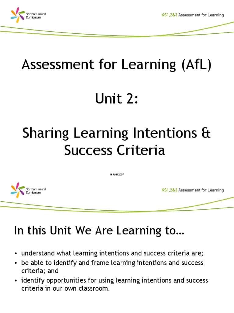 Assessment For Learning (Afl) Unit 2: Sharing Learning Intentions ...