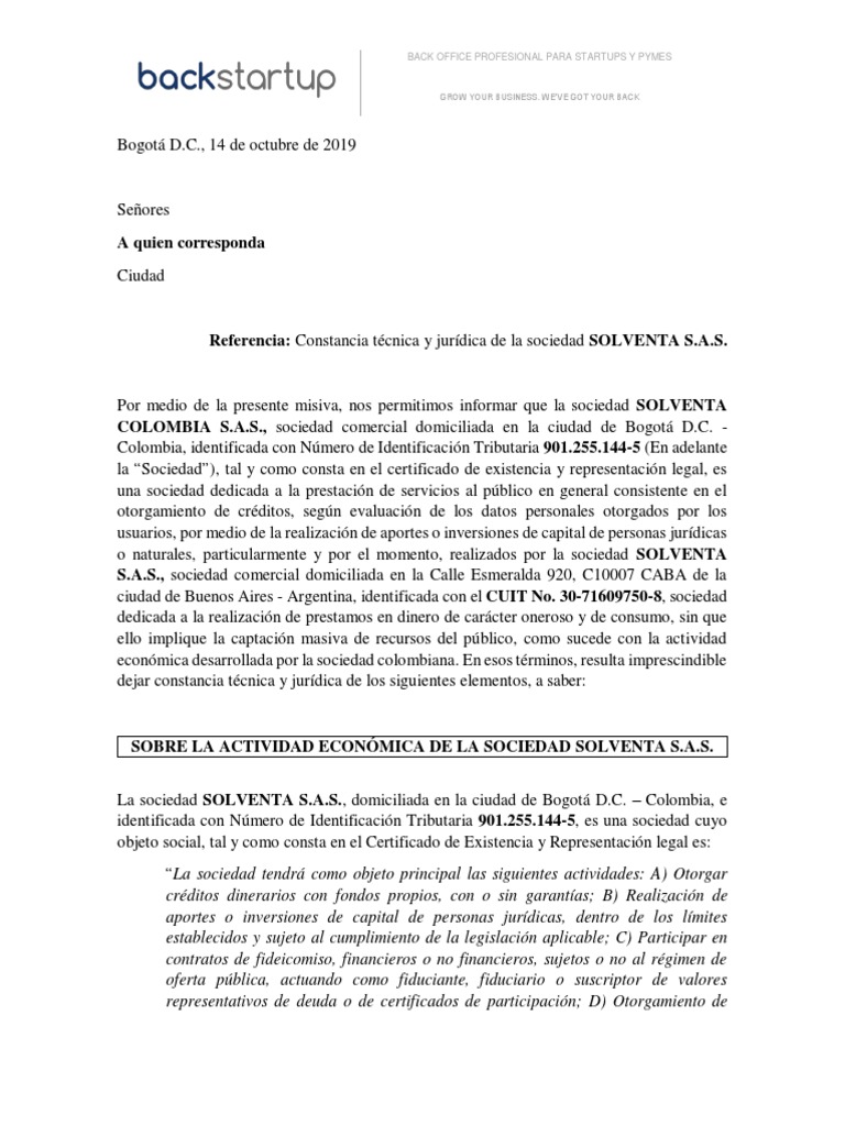 Constancia Técnico y Jurídico de Solventa S.A.S. | PDF | Ley de fideicomiso | Economias