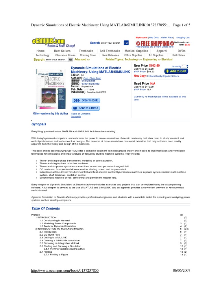 Page 1 of 5 Dynamic Simulations of Electric Machinery: Using MATLAB/SIMULINK:0137237855:.. | PDF ...