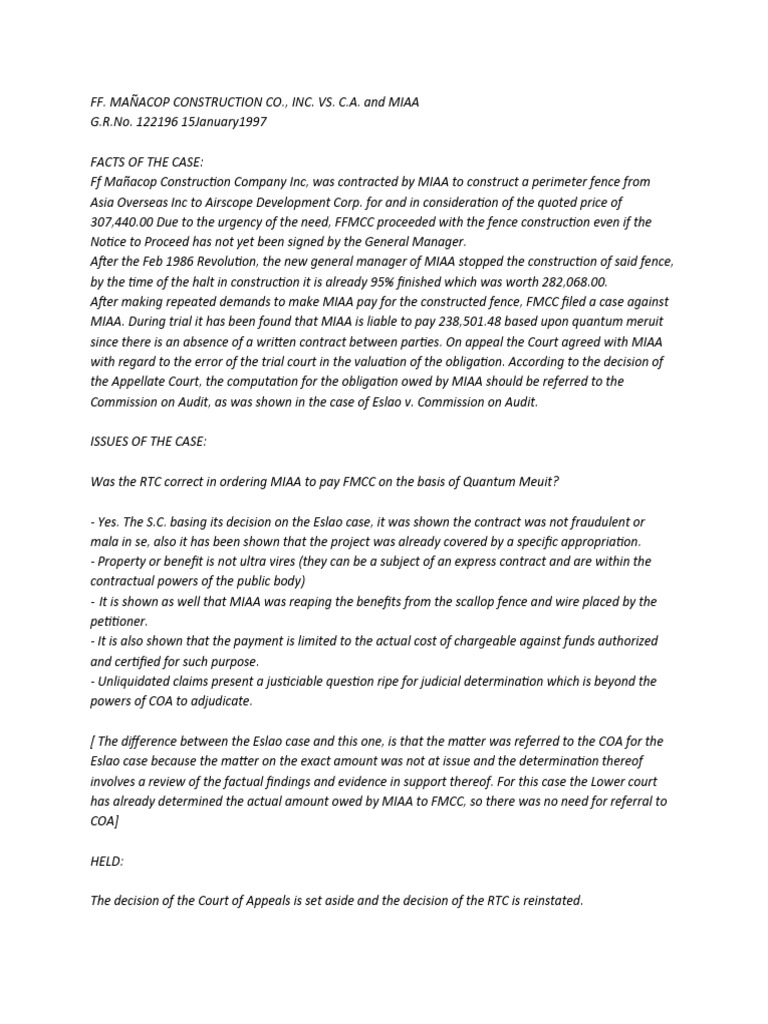 MIAA vs. FMCC: Quantum Meruit Case Summary | PDF | Private Law ...