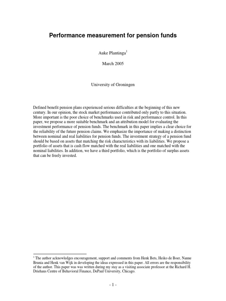 Performance Measurement For Pension Funds: Auke Plantinga March 2005 ...