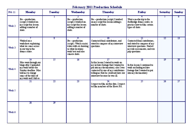 February 2011 Production Schedule Overview | PDF | Leisure