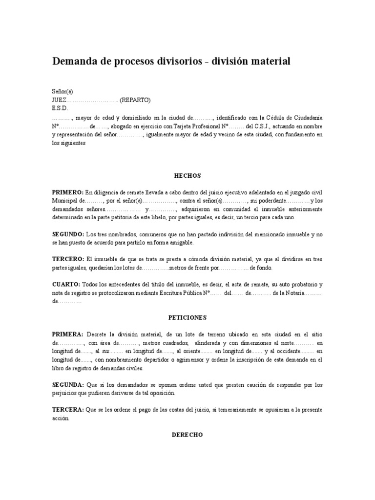 Demanda de Procesos Divisorios División Material | PDF | Ley común | Gobierno