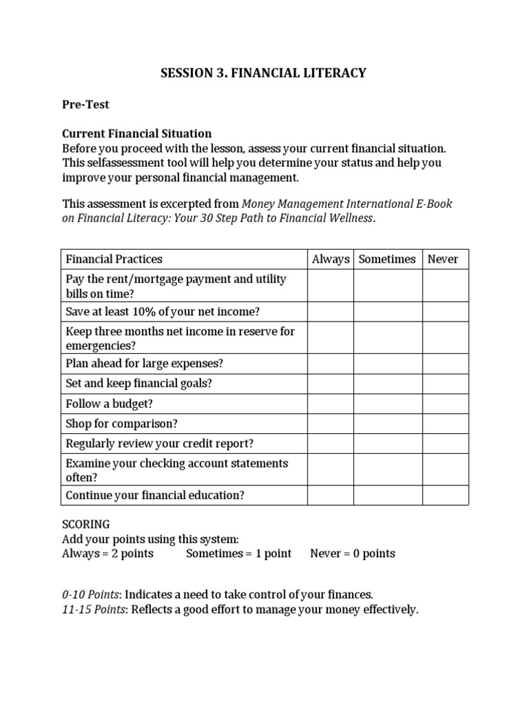 Session 3. Financial Literacy: Pre-Test Current Financial Situation ...