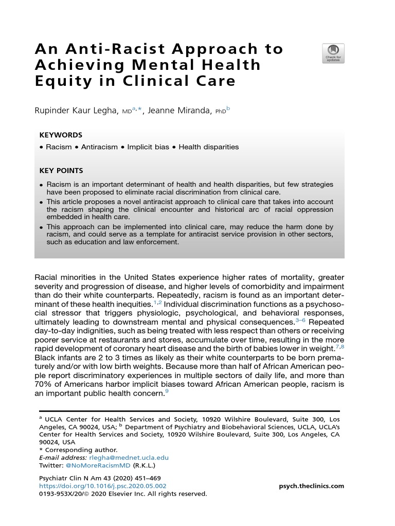 An Anti-Racist Approach To Achieving Mental Health Equity in Clinical ...