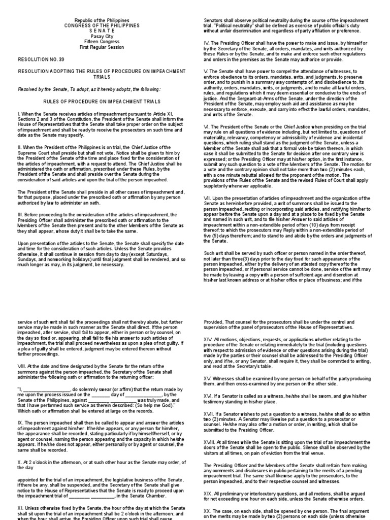 Senate Impeachment Rules Guide | PDF | United States Senate | Oath Of ...