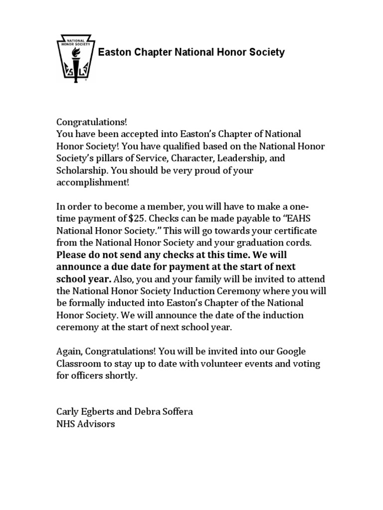 Easton Chapter National Honor Society Acceptance Letter | PDF