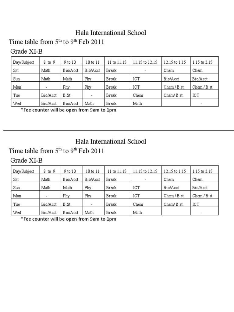 Hala International School Grade XI-B Timetable | PDF | Technology ...