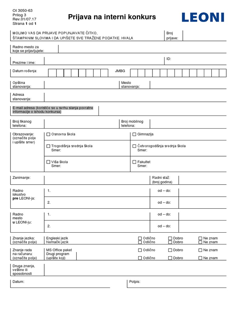 Prijava Na Interni Konkurs | PDF