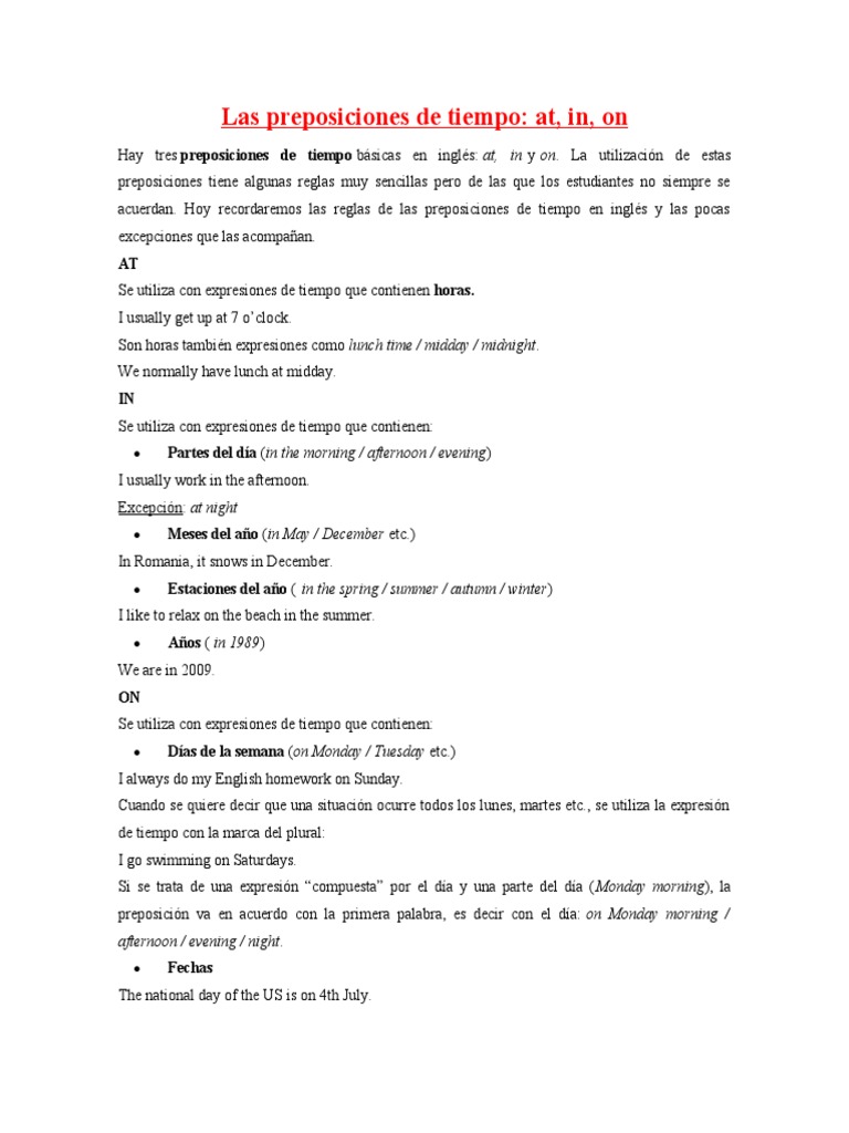 Hoja De Trabajo De Preposiciones De Tiempo