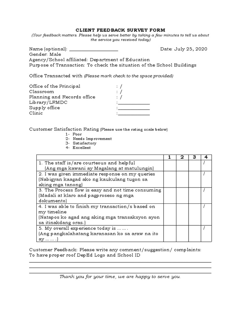 School CLIENT FEEDBACK SURVEY FORM | PDF | Customer Satisfaction ...