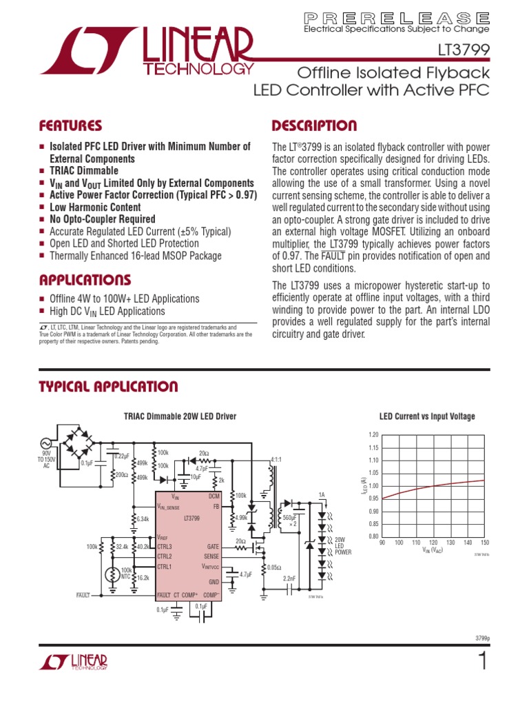 LT3799 - Offline Isolated Flyback LED Controller With Active PFC | PDF | Amplifier | Electric Power