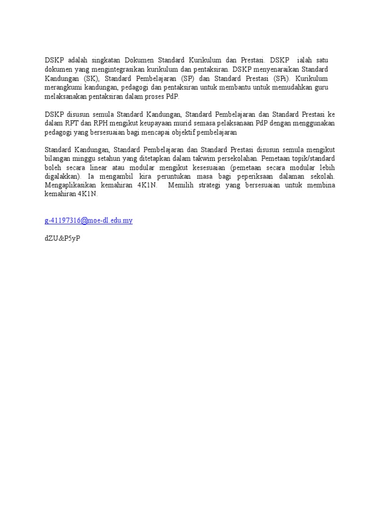 DSKP Adalah Singkatan Dokumen Standard Kurikulum Dan Prestasi | PDF