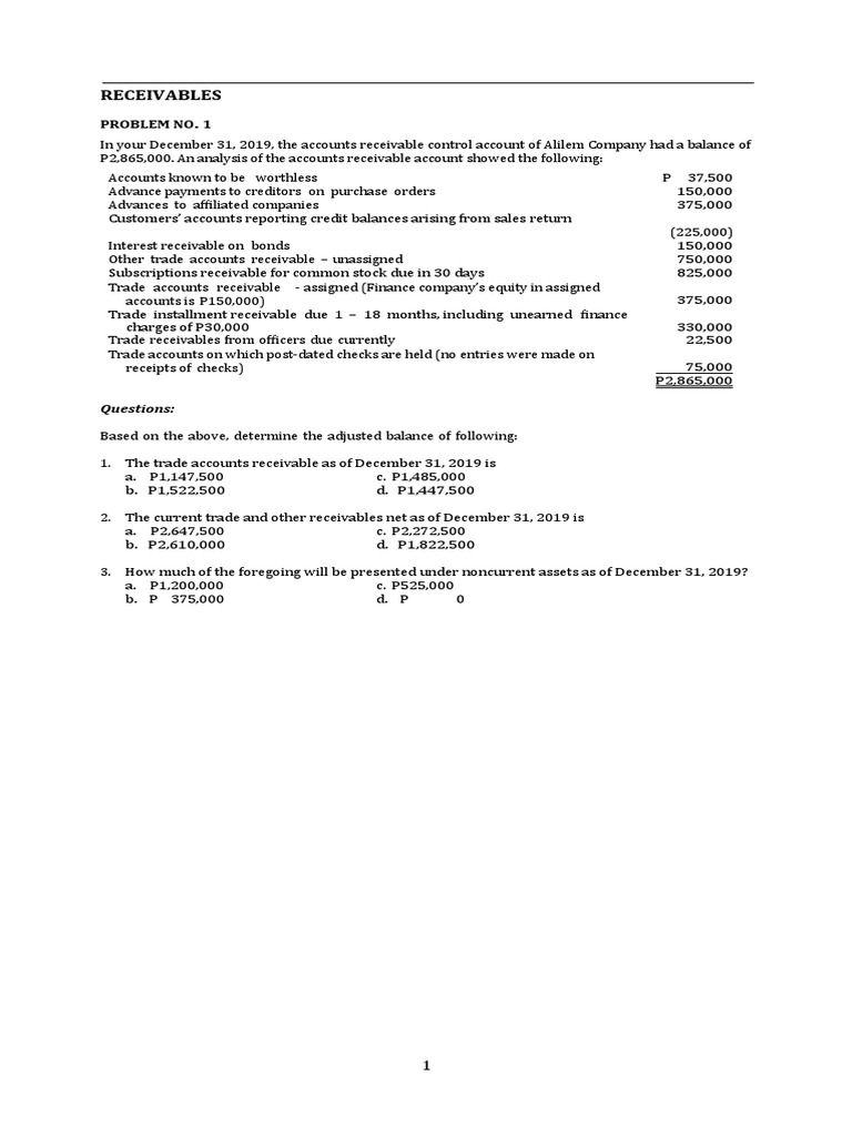 Accounts Receivable Problem Solutions | PDF | Bad Debt | Debits And Credits