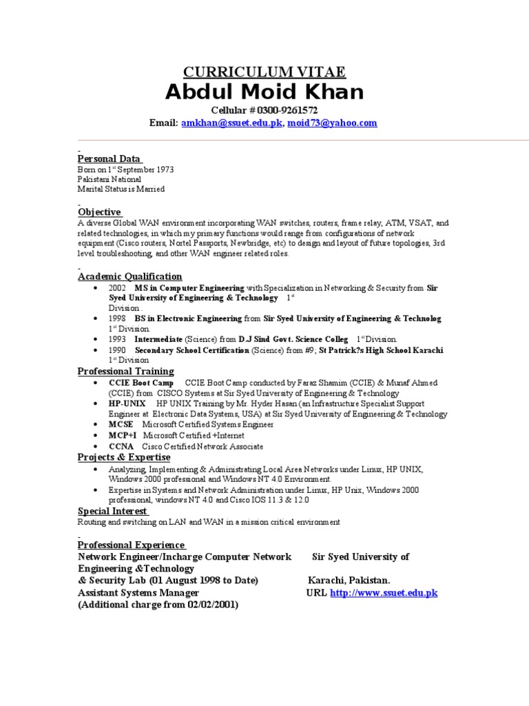 Abdul Moid Khan: Curriculum Vitae | PDF | Local Area Network | Router ...