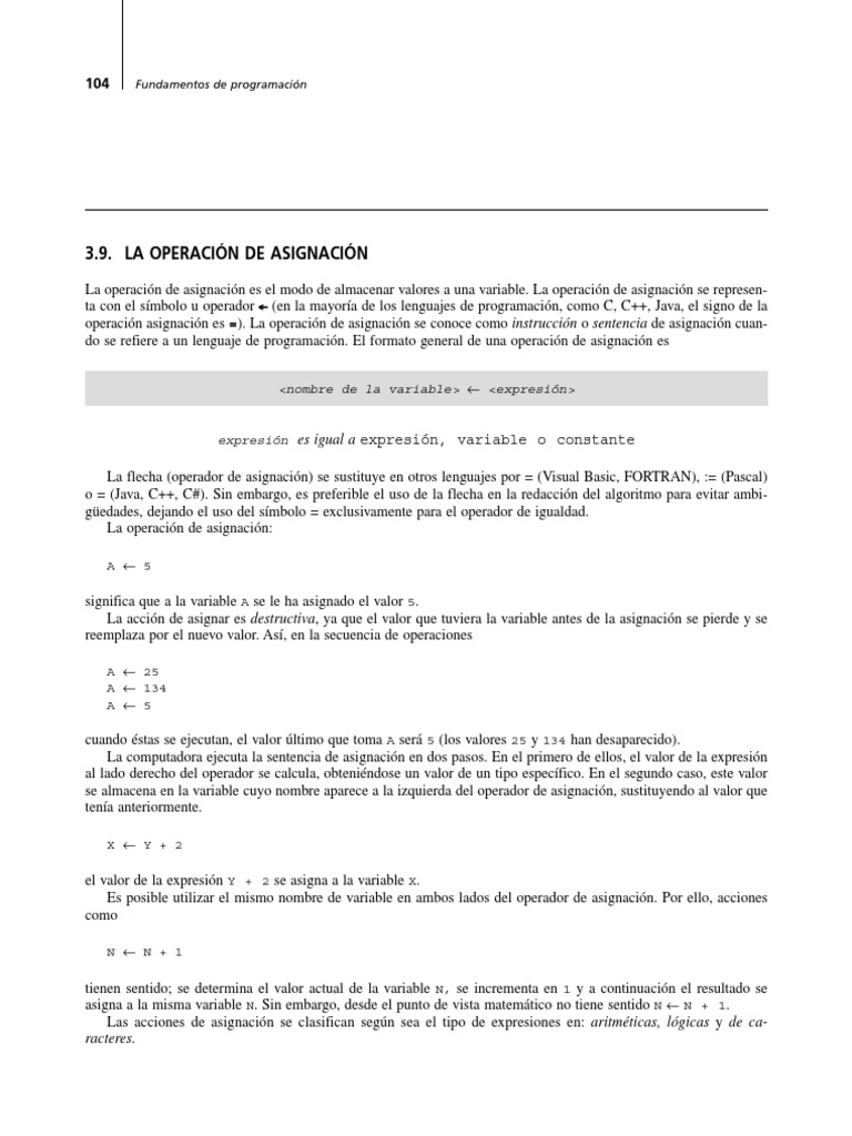 3.9. La Operación de Asignación: Es Igual A Expresión, Variable o ...