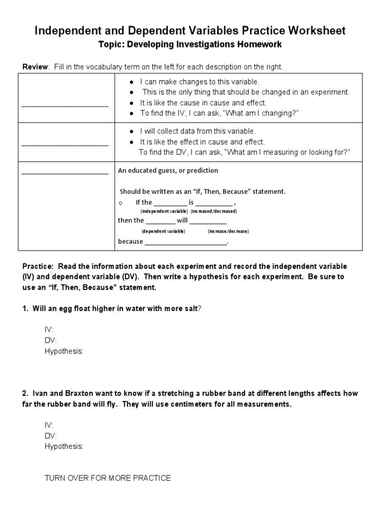 Independent and Dependent Variables Practice Worksheet: Topic ...