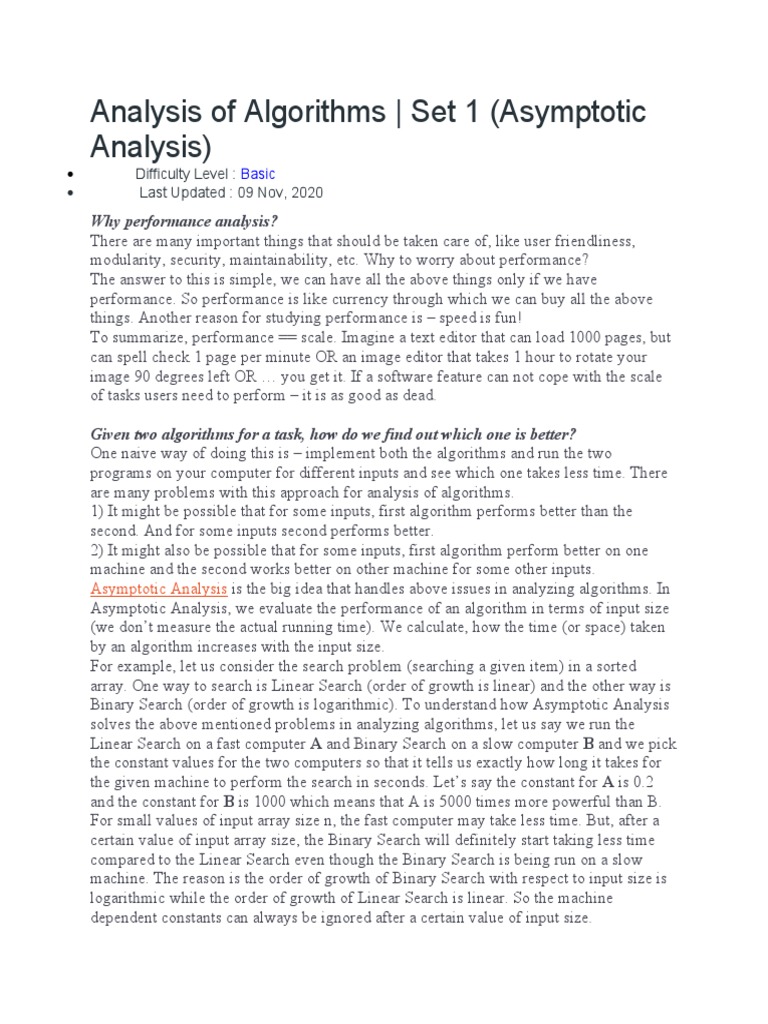 Analysis of Algorithms - Set 1 (Asymptotic Analysis) | PDF | Time Complexity | Algorithms