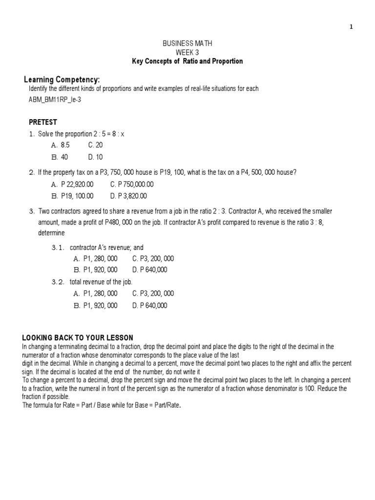 Business Math Ratio and Proportion | PDF | Decimal | Ratio