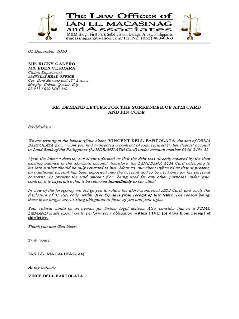 DEMAND LETTER To Surrender ATM Card - Galero and Vergara | PDF