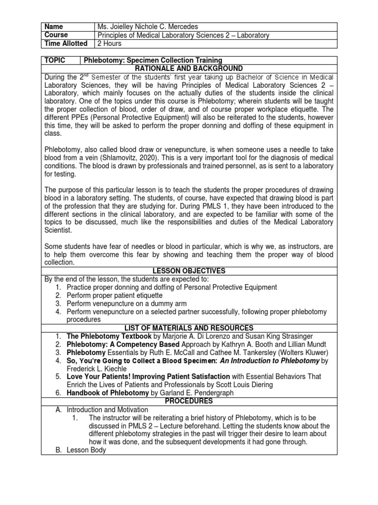 Phlebotomy Sample Lesson Plan Pdf Medical Laboratory Laboratories