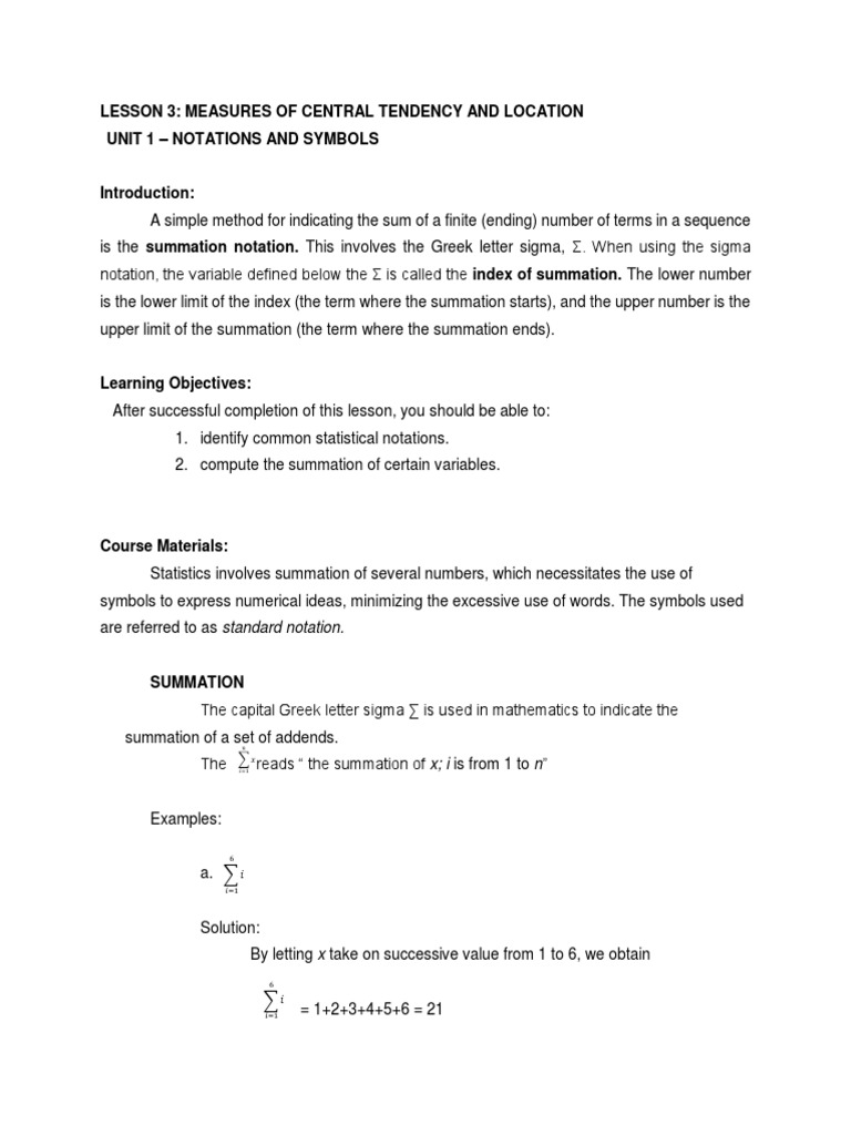 Lesson 3 Measures of Central Tendency and Location | PDF | Summation ...