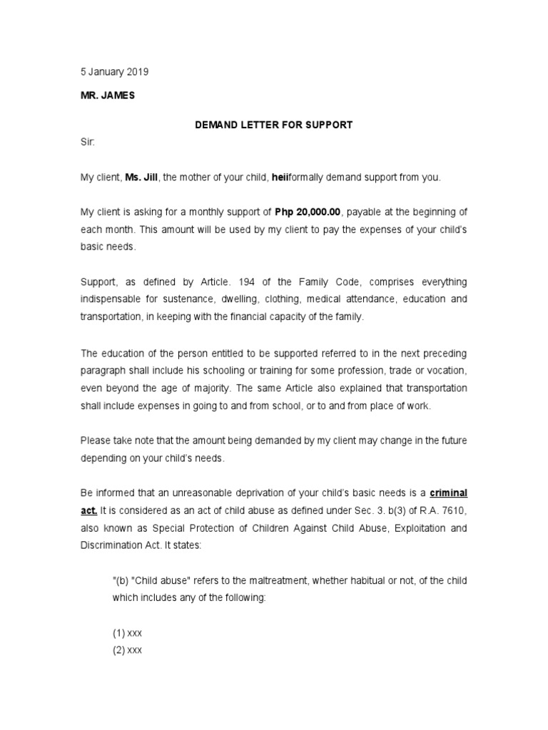 Demand Letter for Child Support Payment | PDF