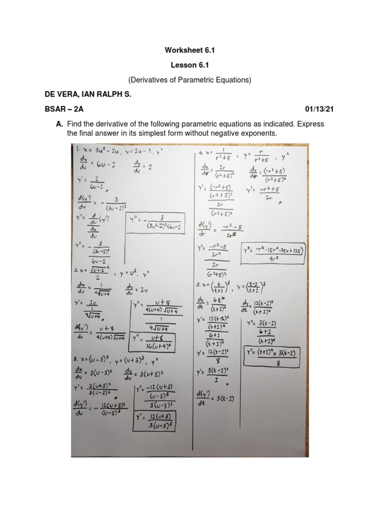 (Derivatives of Parametric Equations) : Worksheet 6.1 Lesson 6.1 | PDF